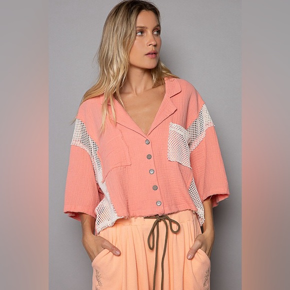 Dresses | 421 Short Sleeve Crochet Patch Woven Crop Top In Peach Jam ...